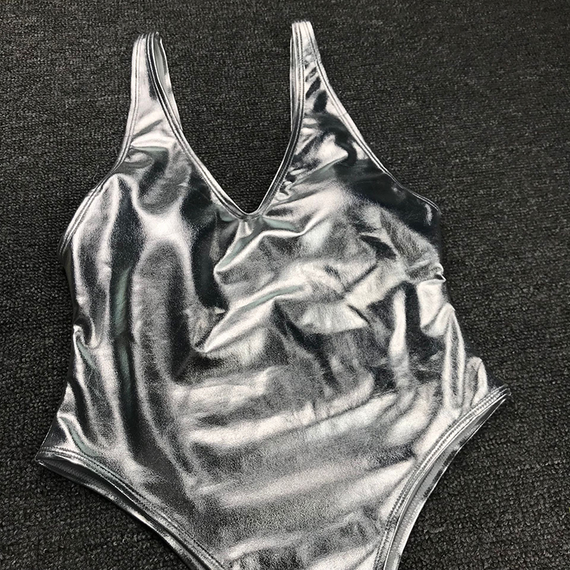 2021 High Leg Sexy Slim One Piece Swimsuit Silver Gold Color Swimwear ...