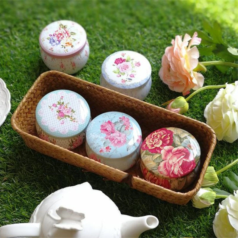 Portable Flower Tea Tin Boxes Favors Party Decor Supplies Drum Shaped ...