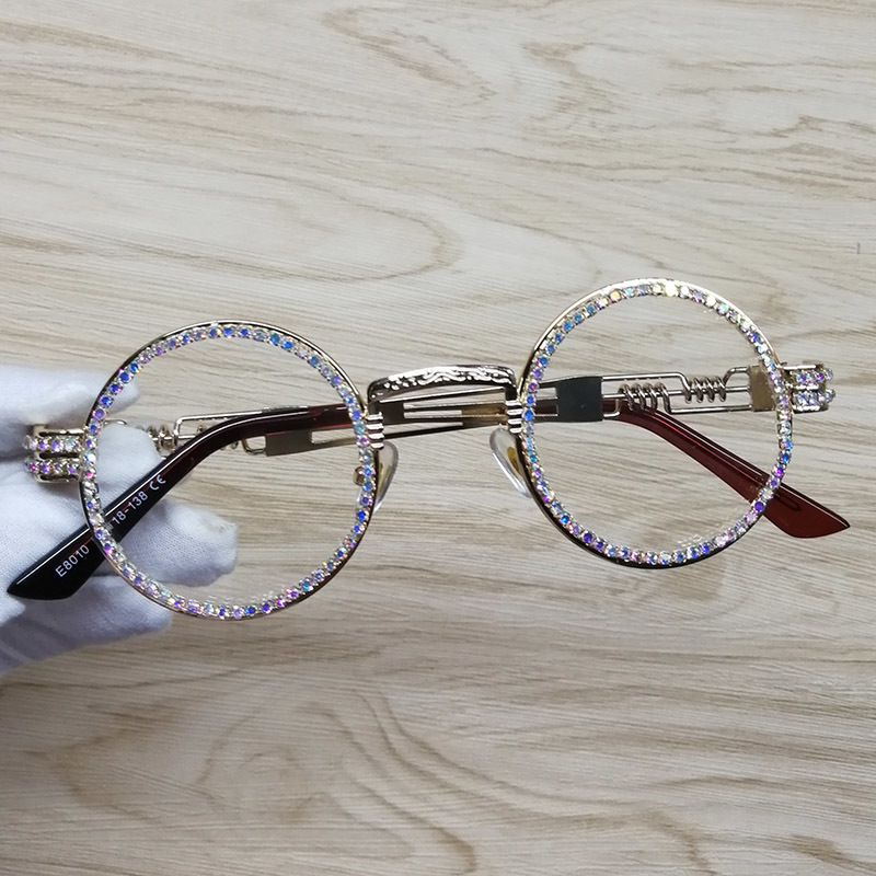 Round Sunglasses Steampunk Metal Frame Rhinestone Clear Lens Retro ...