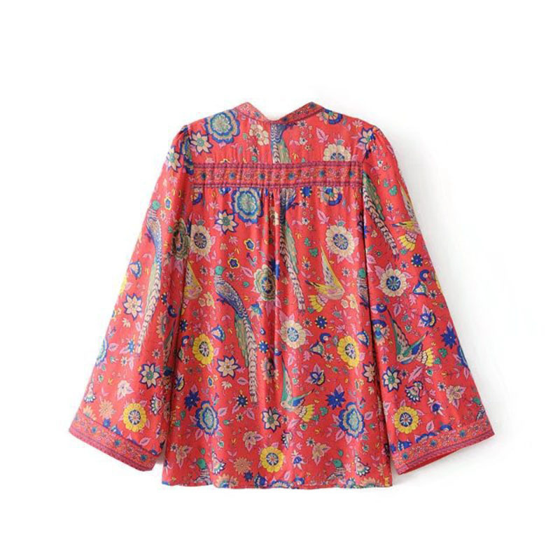 2020 Teelynn Red Boho Blouse 2018 Spring Birds Floral Print Blouses