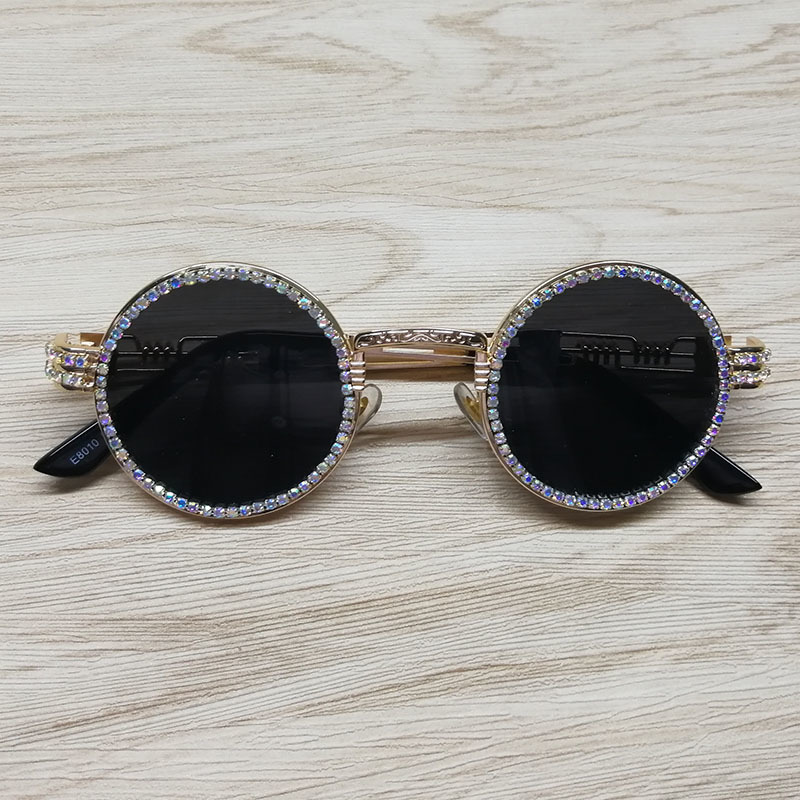 Round Sunglasses Steampunk Metal Frame Rhinestone Clear Lens Retro ...