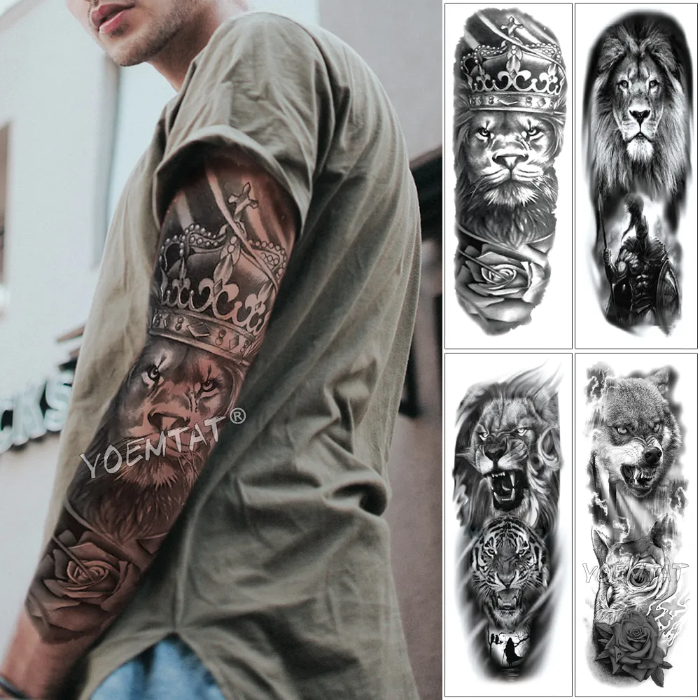 Grand Tatouage Manchon Lion Couronne Roi Rose Étanche Tatoo Temporaire ...