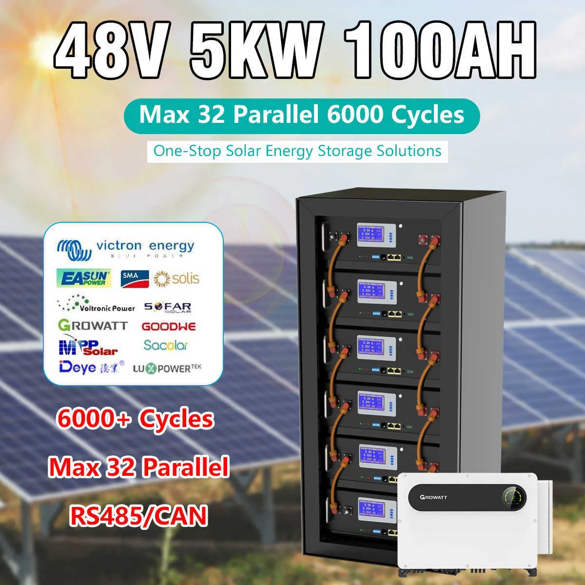 LIFEPO4 48V 100a 100A Batería De 5kWh Batería Solar De Litio 6000 Ciclos Máx. 32 Paralelo RS485 ...