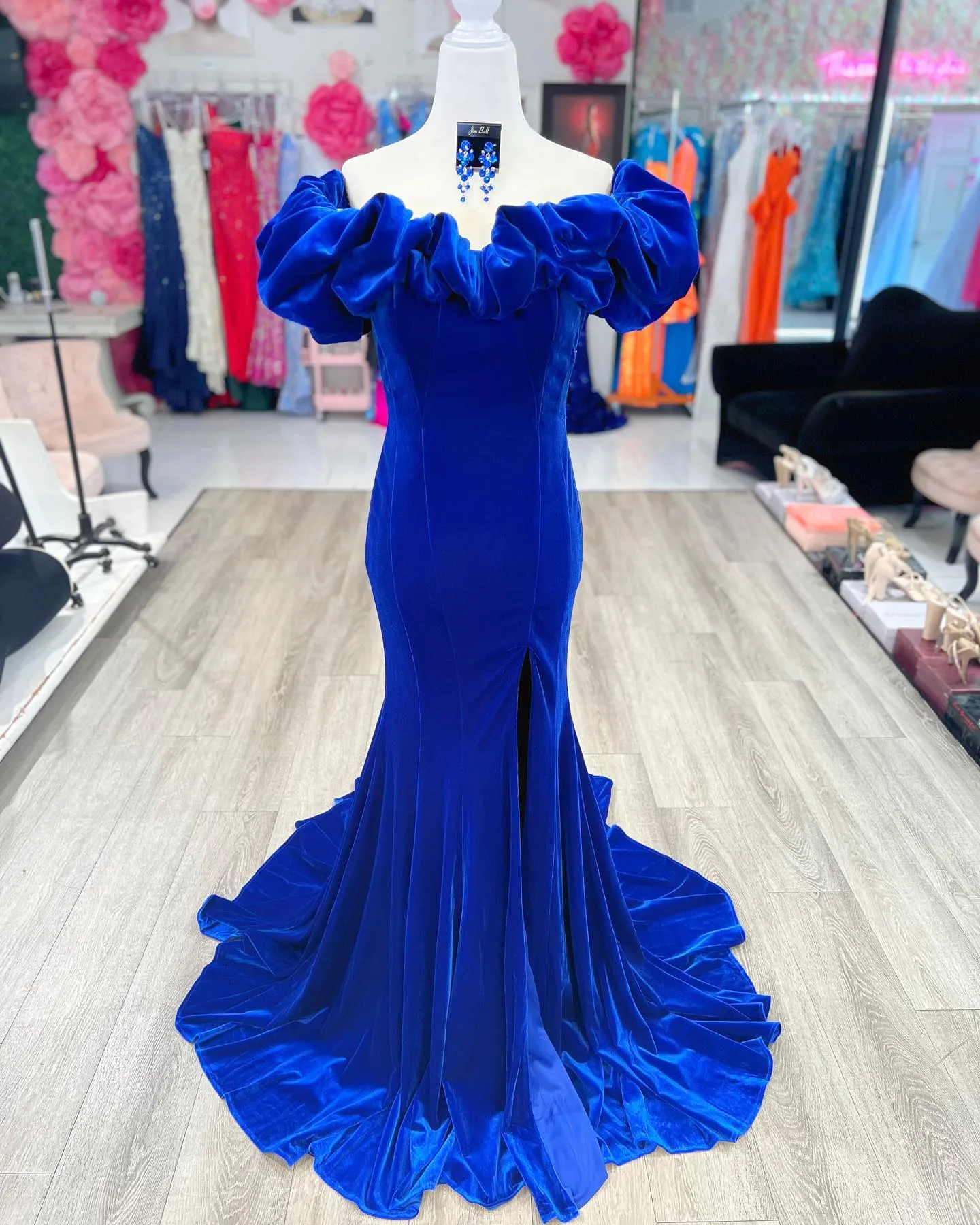 Royal Blue Velvet Prom Dress 2k23 Mermaid Off Shoulder High Split Met ...