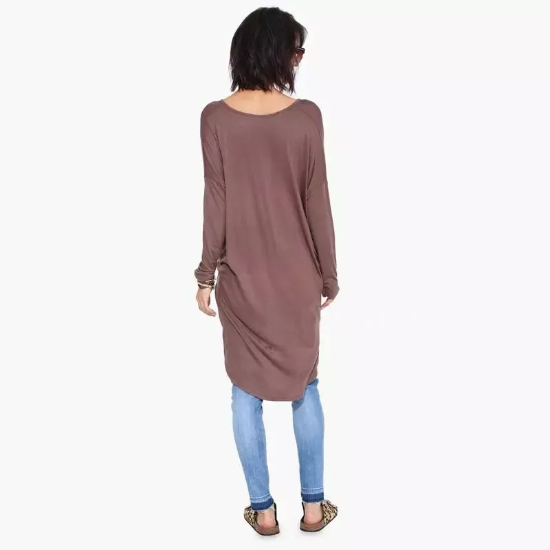 Long Sleeve Front Knot Twist Drape Asymmetric Slit Split Maxi Top ...