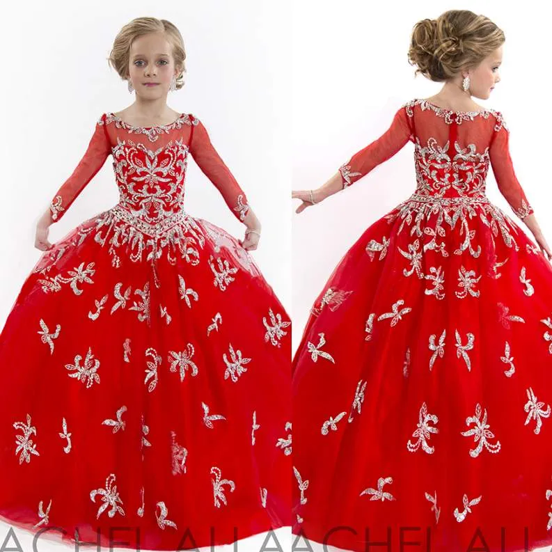 Luxury Red Pageant Dress With Puffy Tulle Appliques, Red Crystal ...