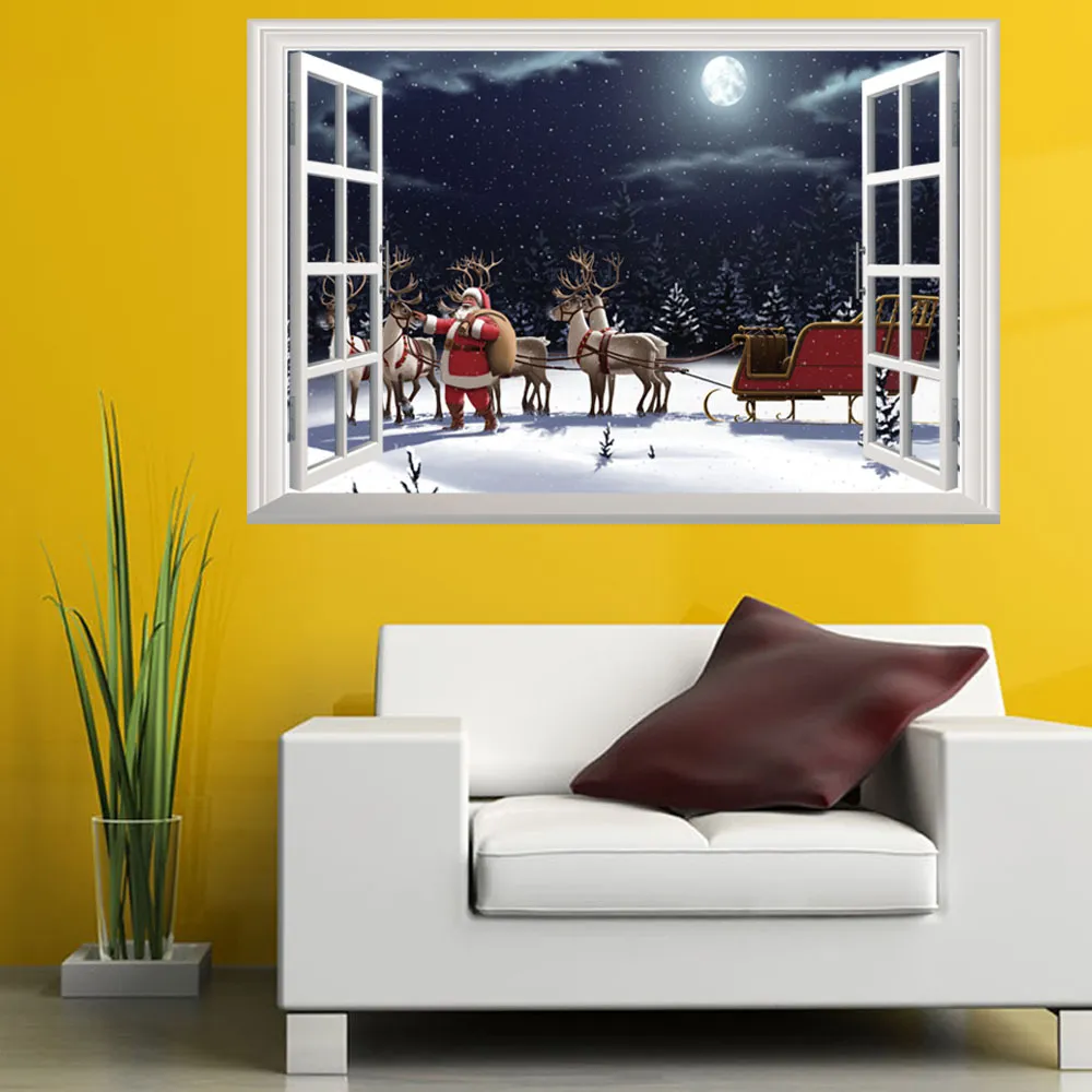 3D False Window Santa Claus Wall Decal Room Bedroom Merry Christmas ...