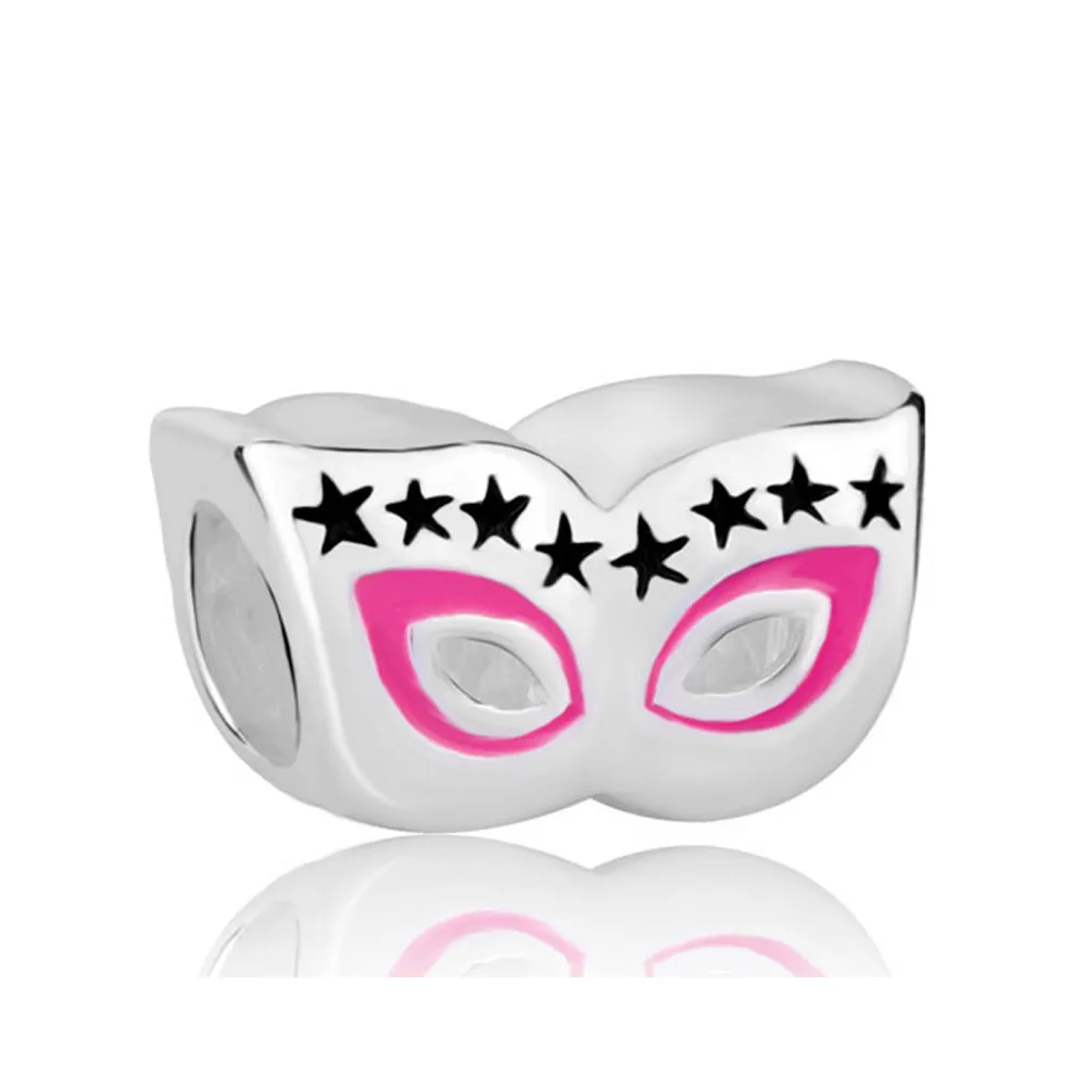 Cute Cat Charm Bead - Pink & Black Enamel Cat Mask, Rhodium Plated ...