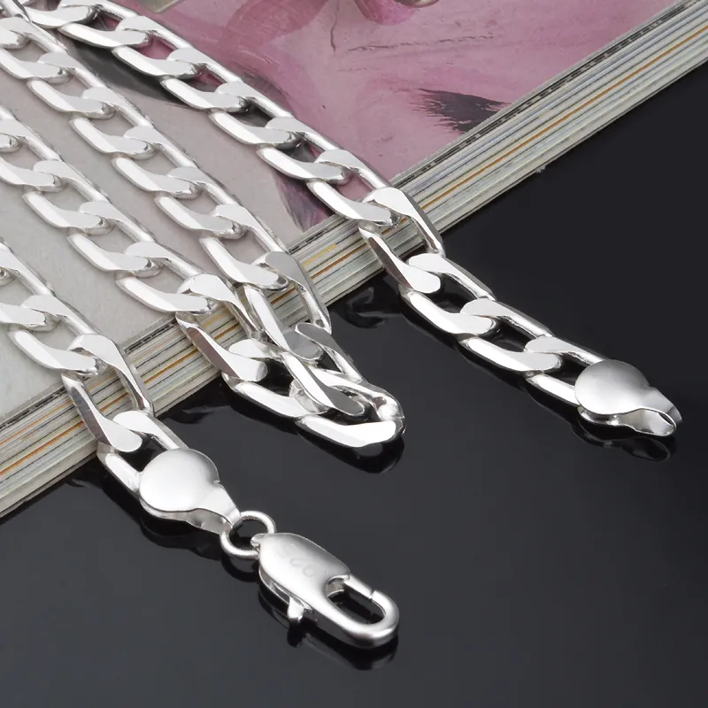 Hot 925 Sterling Silver Flat Chain Necklace For Men 7mm Wide, Multiple ...