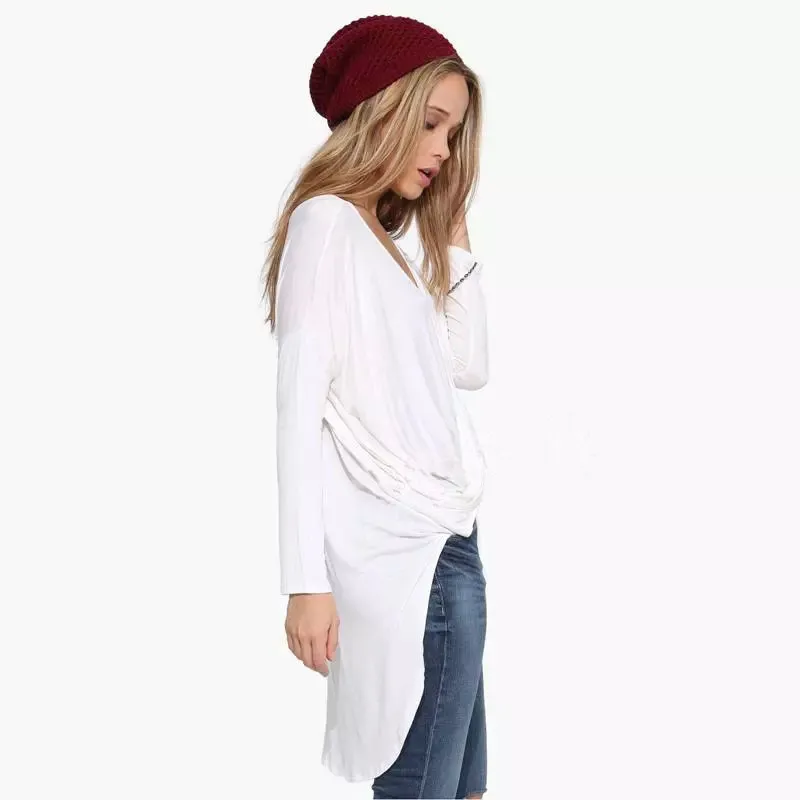 Long Sleeve Front Knot Twist Drape Asymmetric Slit Split Maxi Top ...