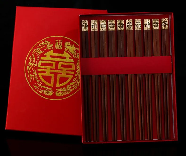 SN3518 Chinese Style Double Happiness Gold Head Wooden Chopsticks ...