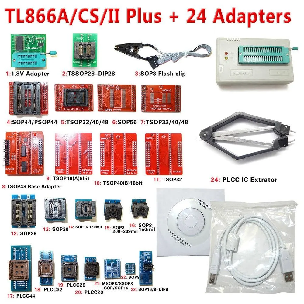 TL866II PLUS PROGRAMMER MINIPRO AVEC 24 Adaptateurs Pour EEPROM, PIC, AVR, BIOS, NAND, MCU, BIOS ...
