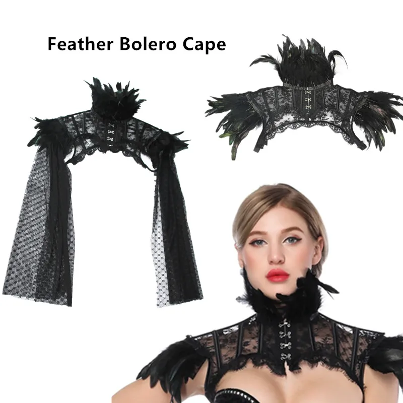 Women's Steampunk Feather Gothic Fake High Collar Lace Mesh Cape ...