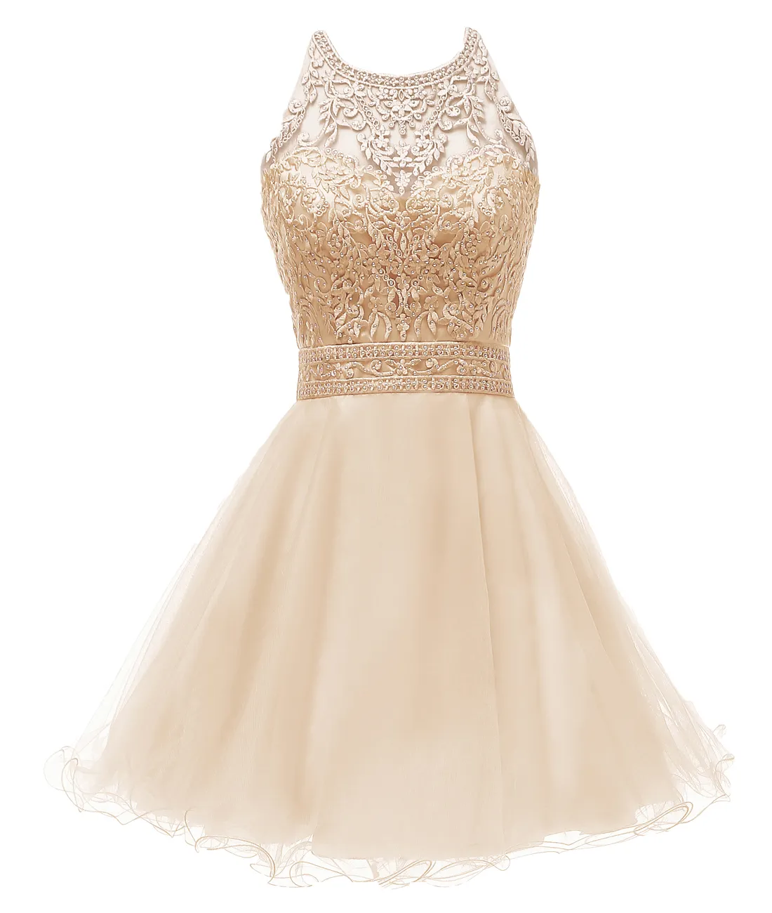 Blush Short Homecoming Dress - Halter Lace, Beaded A-Line, Ruffles ...