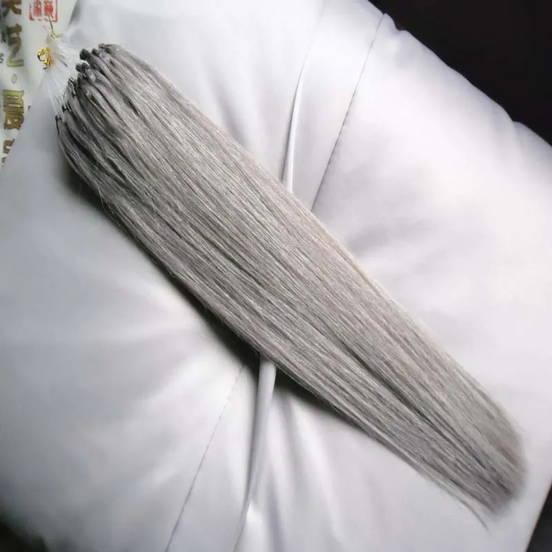 100% Human Hair Gray Micro Ring Gray Hair Extensions Machine Made ...