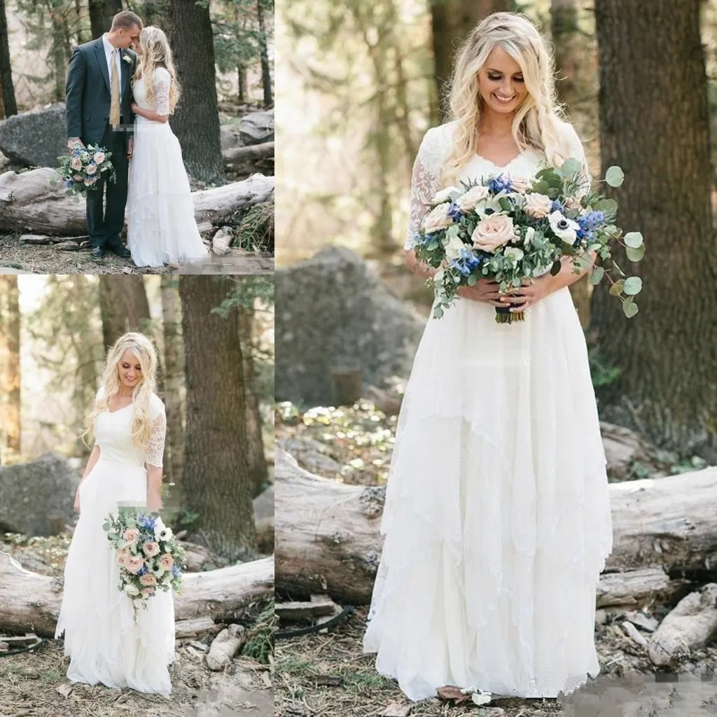Modest Lace V Neck Boho Lace Wedding Dress With Half Sleeves Elegant ...