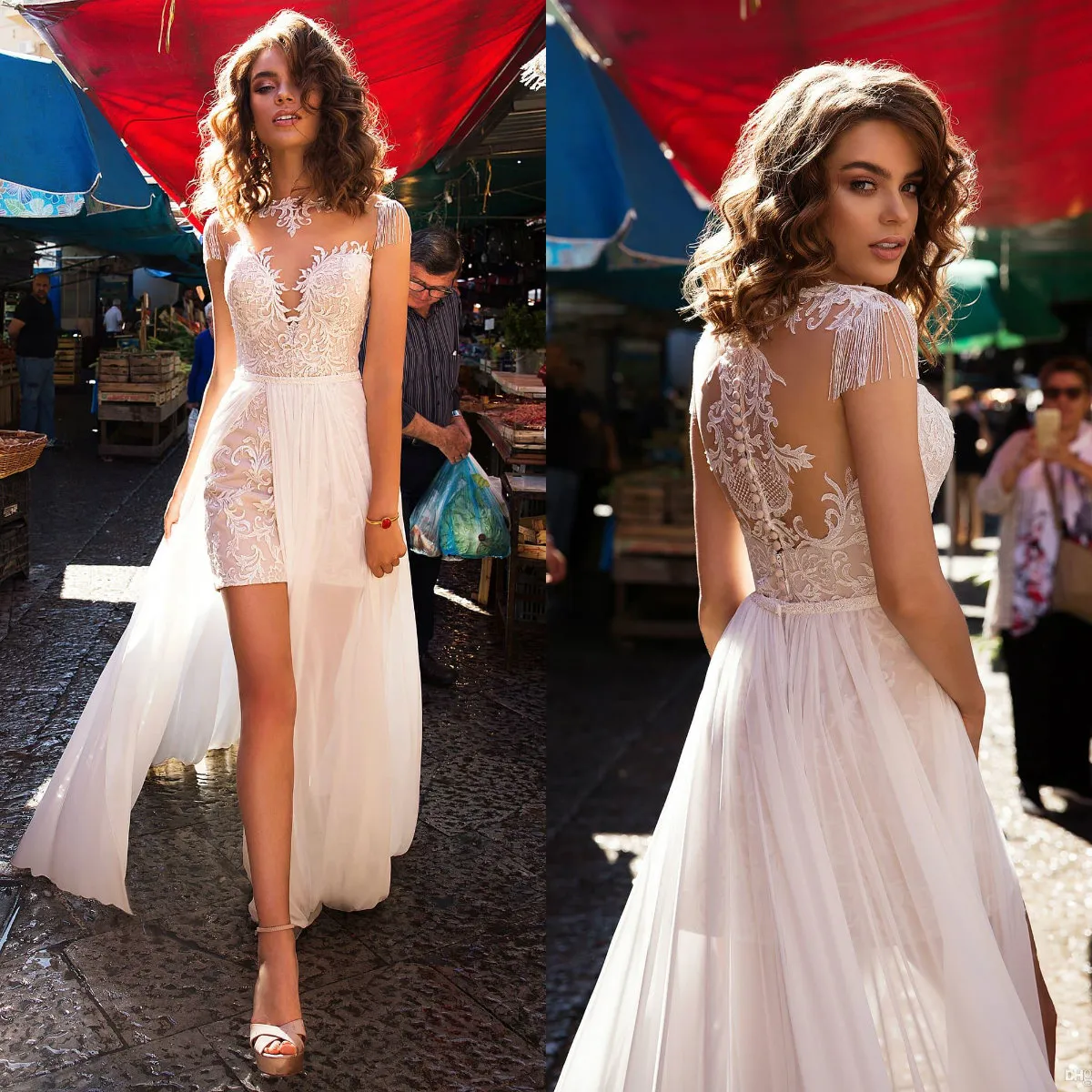 Lussanobridal Beach Dresses With Chiffon Overskirts Jewel Neck Tassels ...