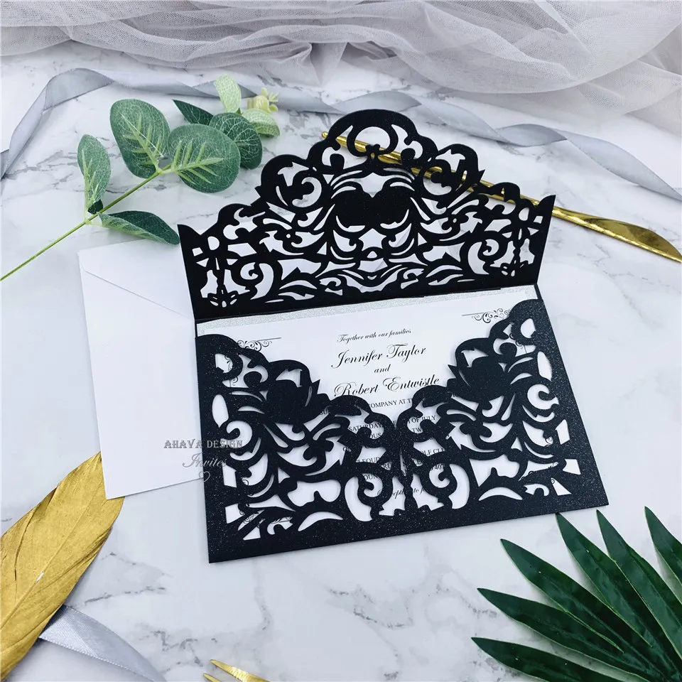 Elegant Black Shimmer Laser Cut Wedding Invitations - Classic Design ...