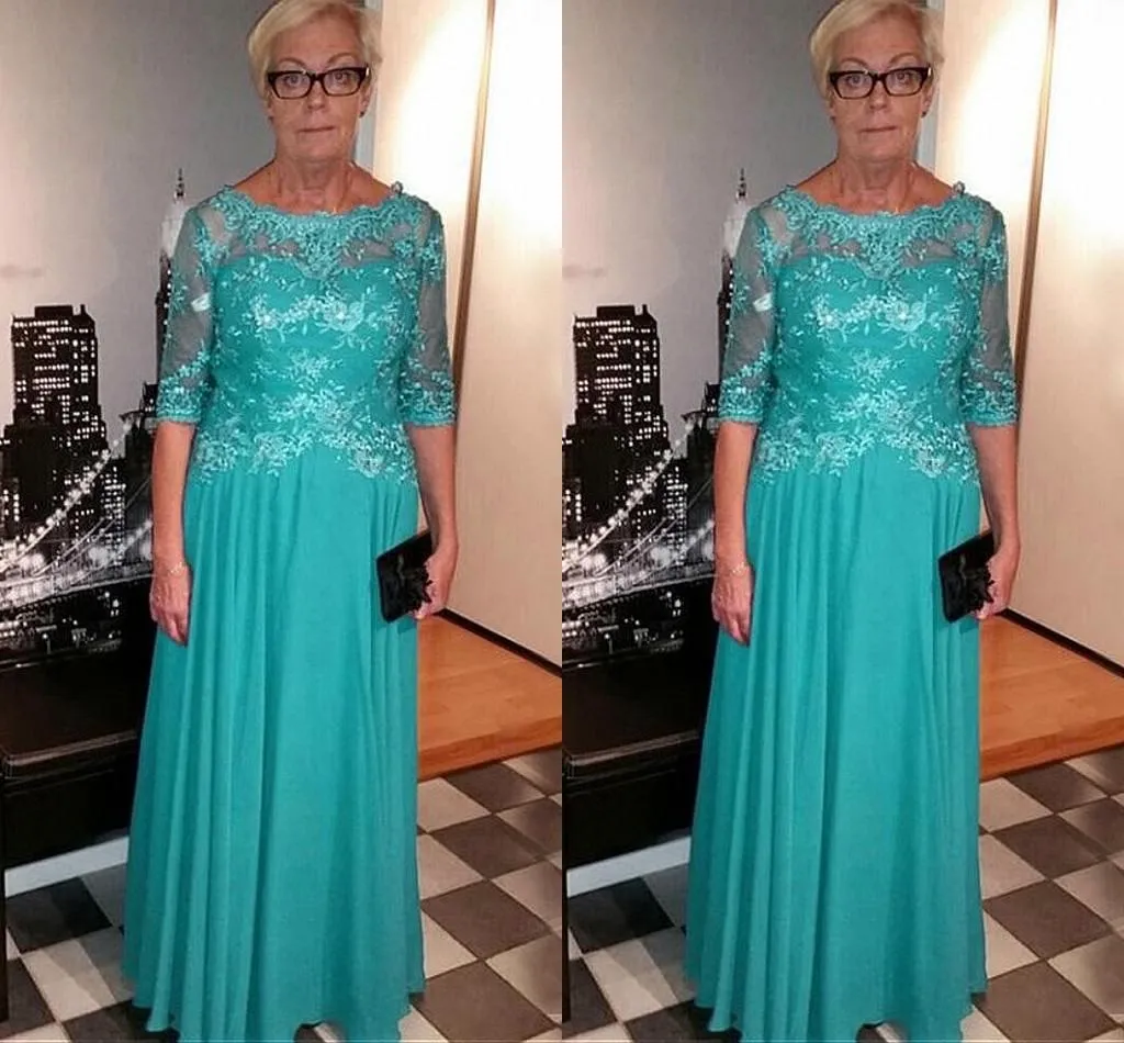 Turquoise Mother Of The Bride Groom Dresses Lace Illusion Half Sleeves ...