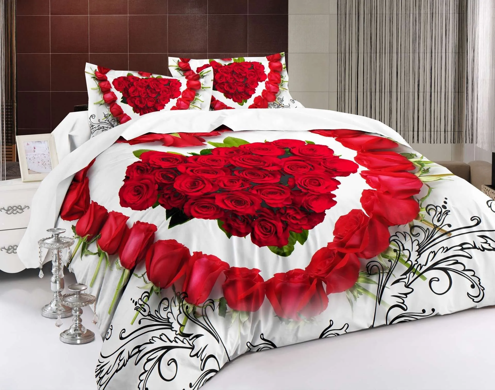 Romantic Red Floral Heart Bedding Set - 3D Printed Queen Size Duvet ...