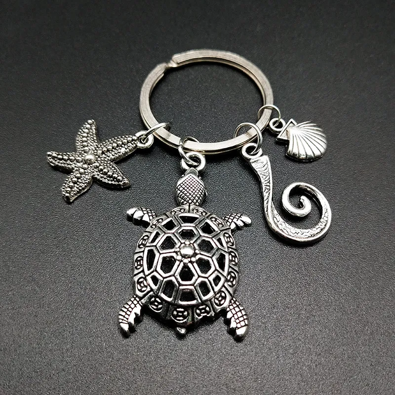 Sea Turtle Keychain Holder With Starfish Charms Silver Sea Animal ...