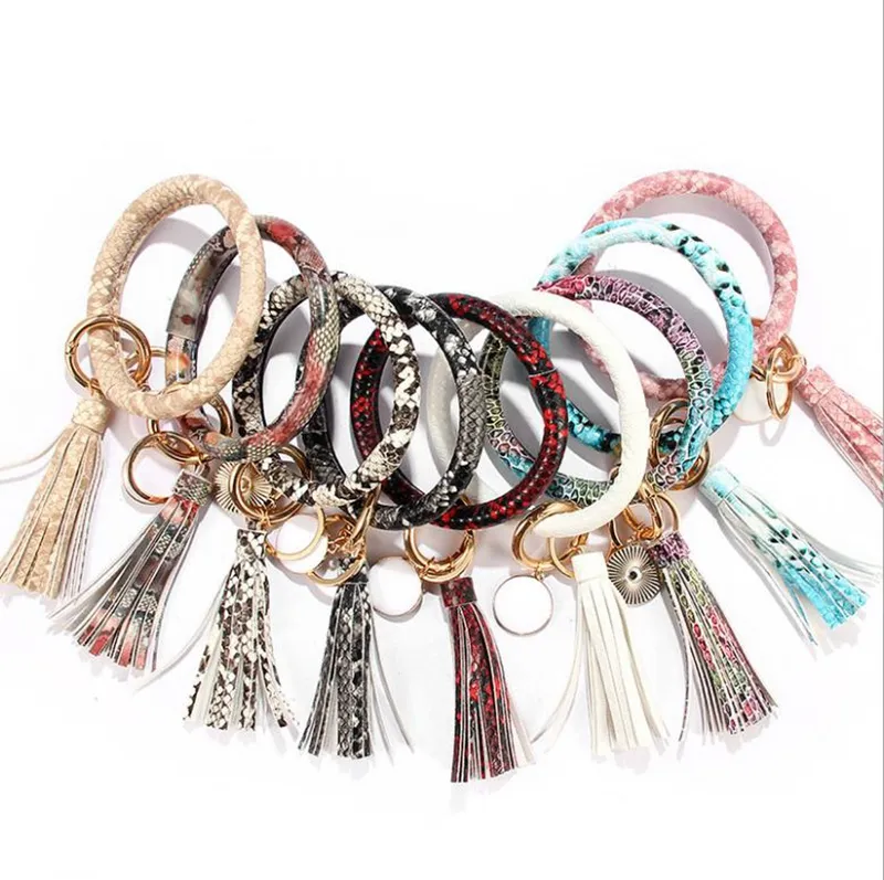 Wristlet Keychain Bangle Keyring with Snake Tassel, PU Leather Bracelet ...