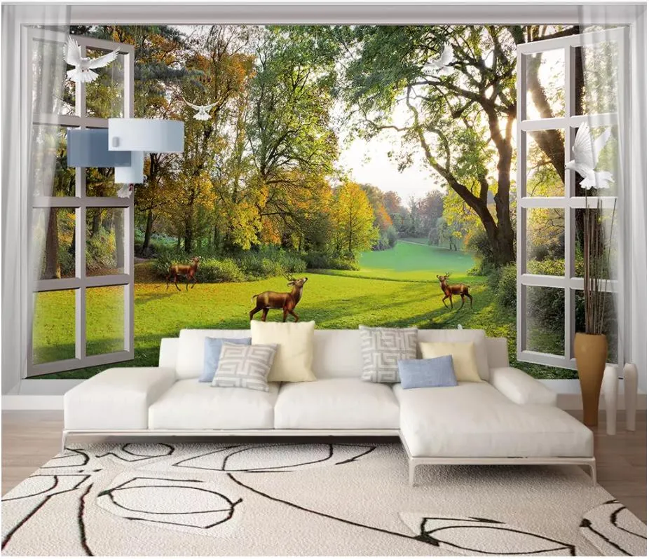 Custom 3D Forest Wallpaper Mural - Scenic Window View, River, Deer ...