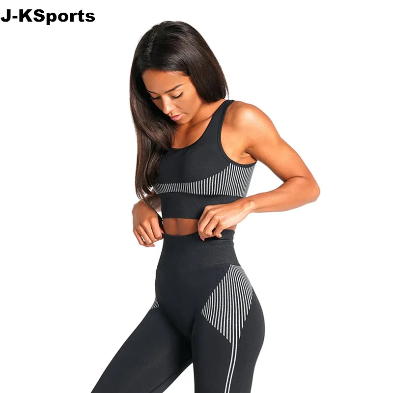 Seamless Yoga Set for Women - High Waist Leggings, Crop Top Bra, Stripes, Workout & Fitness ...