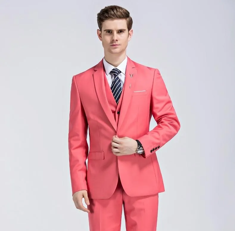 Fashion Coral Groom Tuxedos Notch Lapel Groomsmen Mens Wedding Dress ...