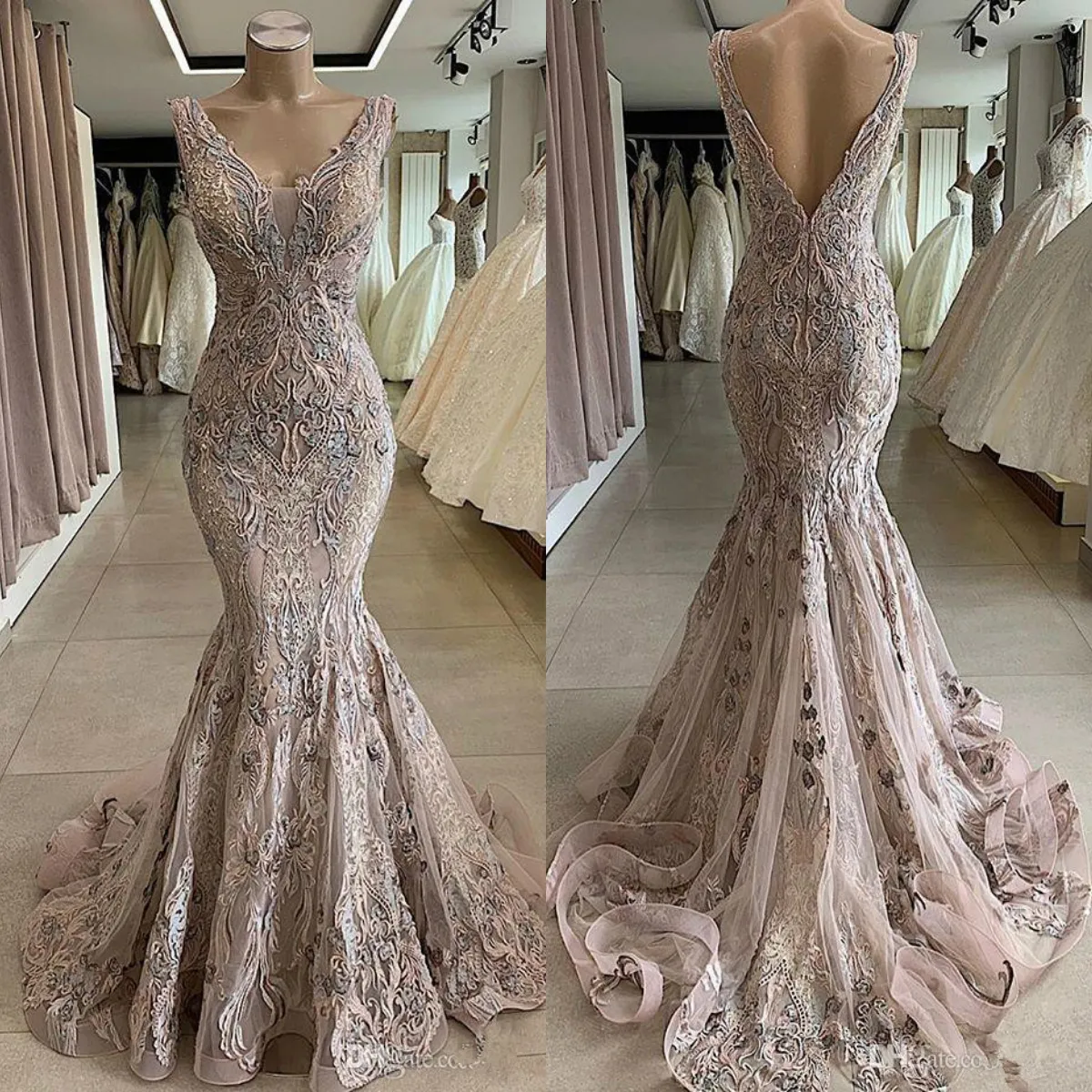 Mermaid Style Prom Dresses: Beaded Lace Appliqued Deep V Neck Backless ...