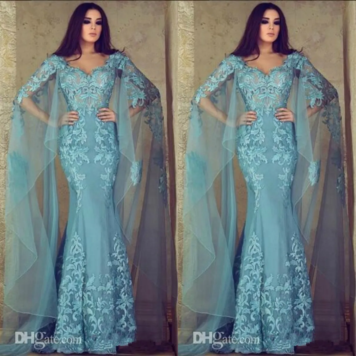 Arabic Lace Applique Mermaid Blue Lace Prom Dress With Wrap And Sweep ...