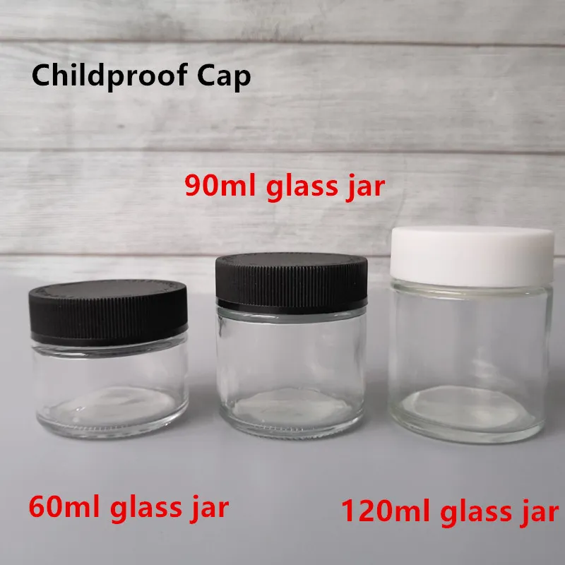 Glass Jars: 60ml, 90ml, 120ml Child Proof Concentrate Container for Dry Herb Flower with White ...