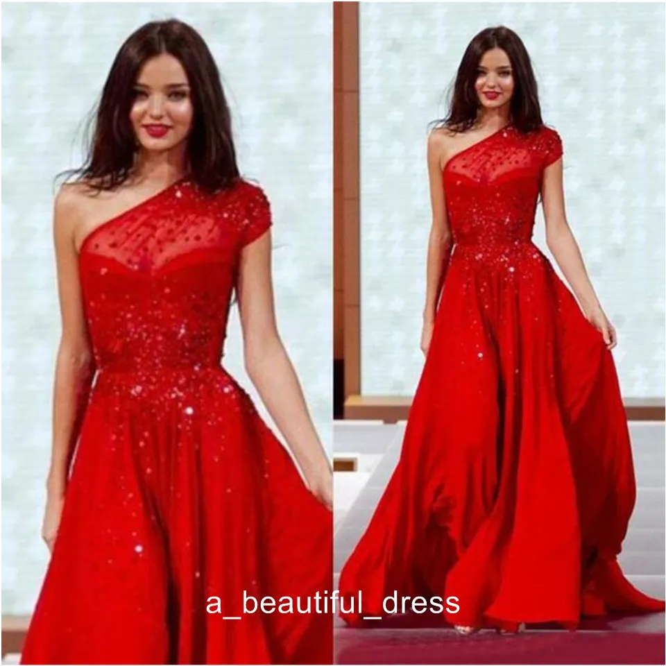 One Shoulder Red Sequin Evening Dress A-Line Sweep Train Custom Made ...