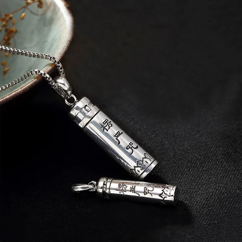 Buddhist Necklace Pendants Sterling Silver Mantra Tube Locket, Retro ...