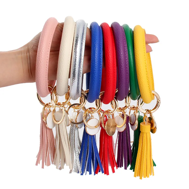 Leather Bracelet Key Chain PU Wrist Colored Key Rings Tassel Pendant ...