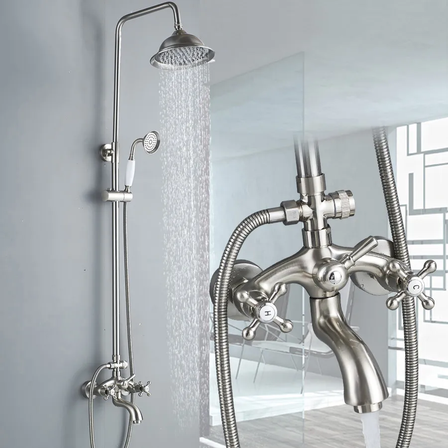 Brushed Nickel Shower System: 8 Rainfall Shower Head & Handheld Spray ...