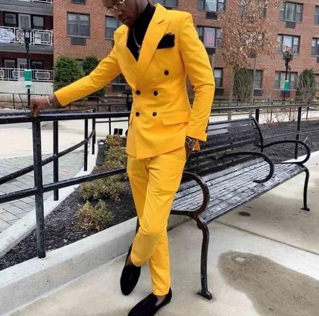 Yellow Groom Wedding Tuxedo Men Peaked Lapel Slim Fit Double Breasted ...