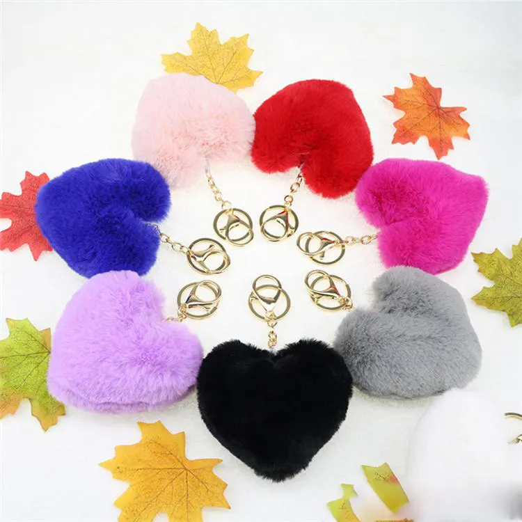 Heart Ball Pom Pom Fluffy Keychain In 9 Fluffy Colors Faux Rabbit Fur ...