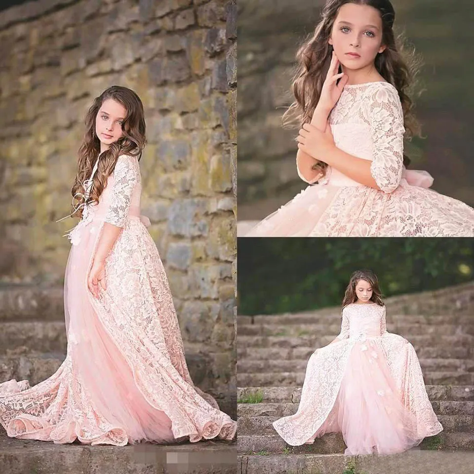 Pink Girls Pageant Dress Lace Half Sleeve Handmade 3D Flower A-Line ...