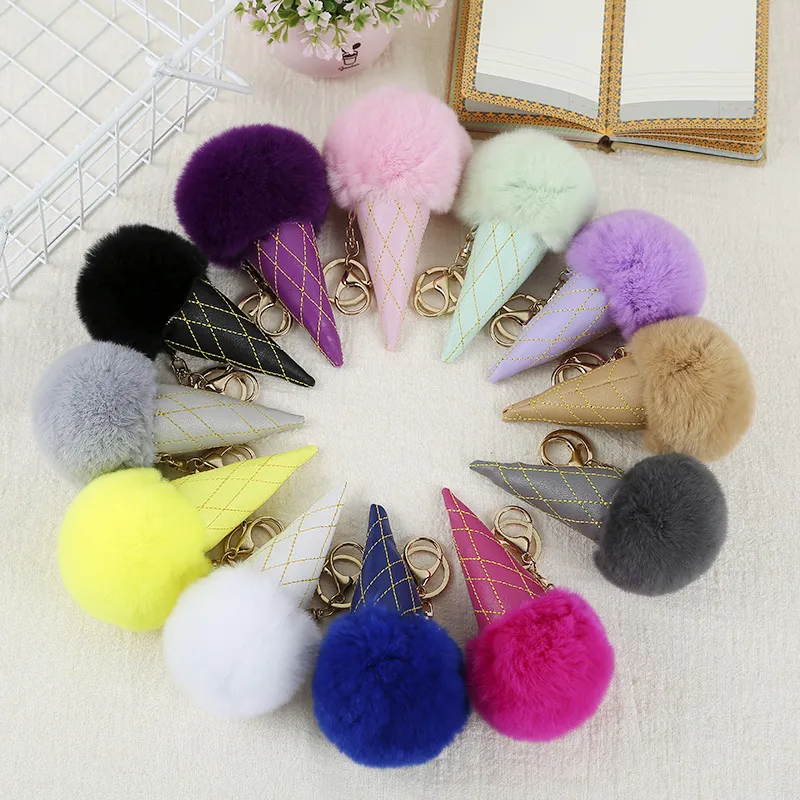 Ice Cream Pompom Ball Keychain PU Leather Key Chain Keyring Party Favor ...