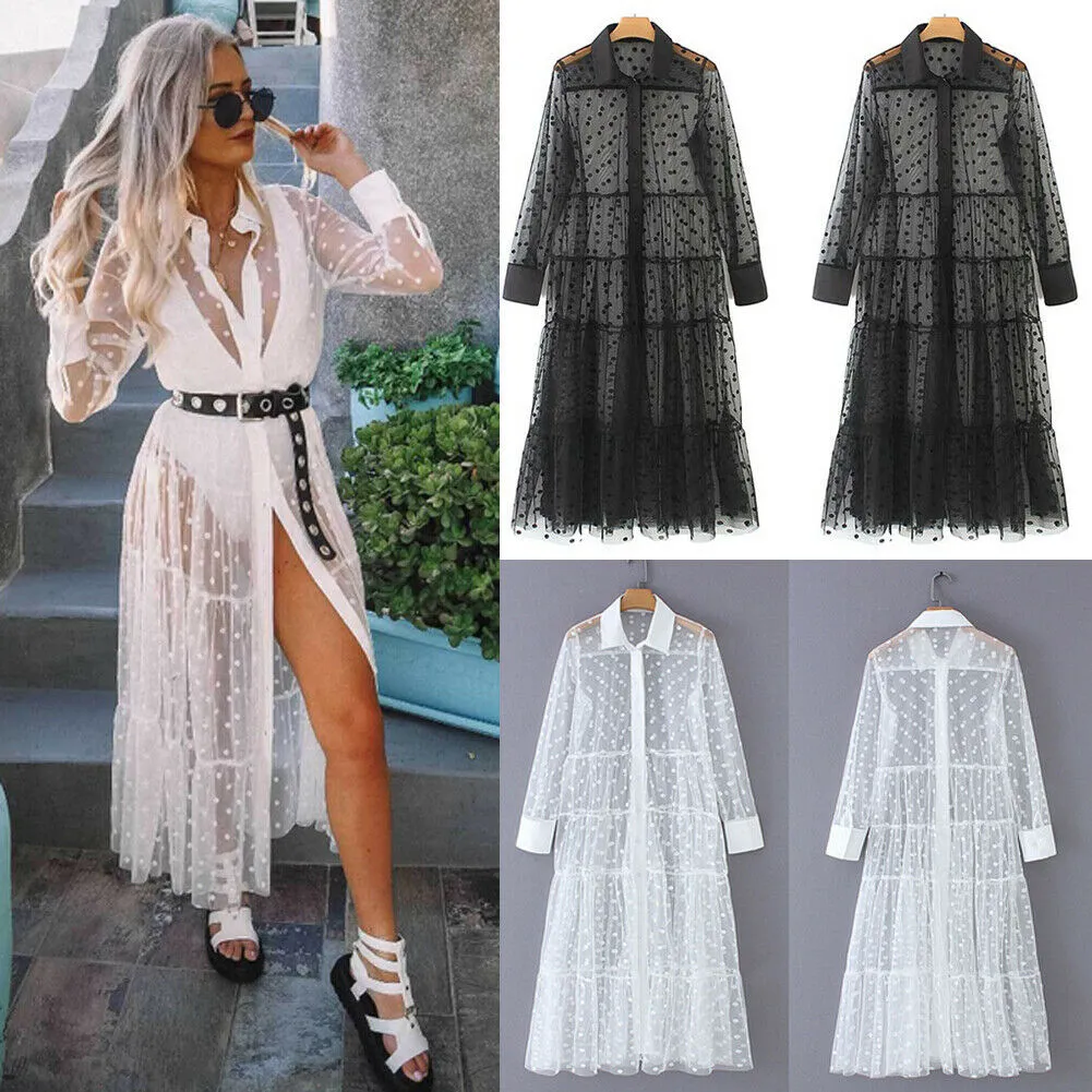 Polka Dot Lace Mesh Sheer Maxi Dress | Button Down See Through Summer ...
