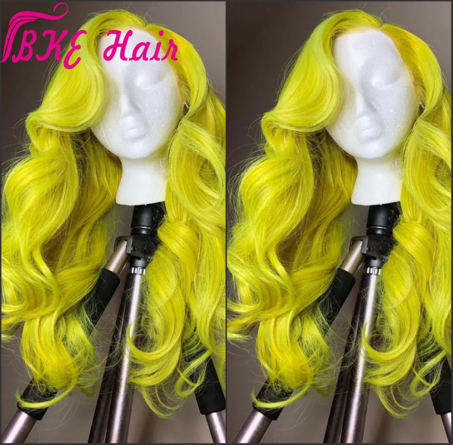 Neon Yellow Wavy Synthetic Lace Front Wig Heat Resistant, Cosplay ...