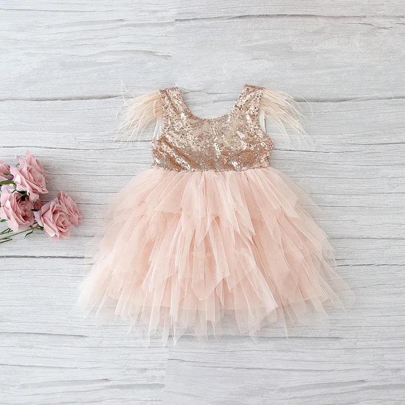 Retail Feather Sequins Tiered Girls Dress Fluffy Tulle Party Kids ...
