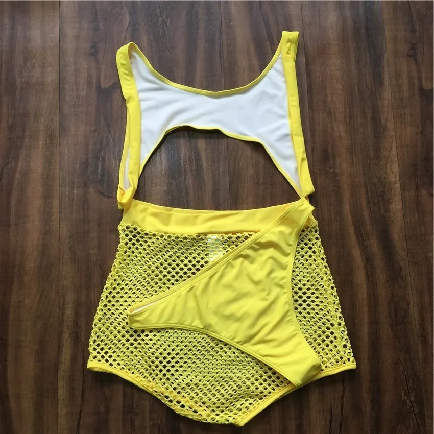 Fishnet Mesh Neon Swimsuit Two Pieces Swimwear High Waisted Monokini ...