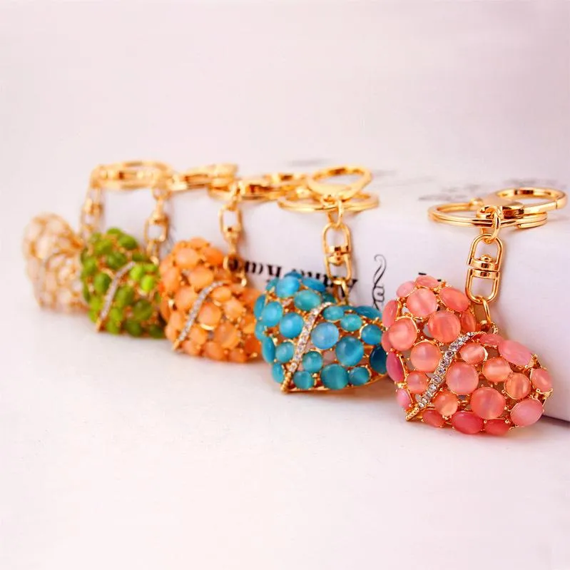 Love Heart Pendant Alloy Key Rings Gold Tone Plated Jelly Stone 3D ...