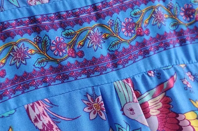 Teelynn Red Boho Blouse 2018 Spring Birds Floral Print Blouses Vinatge