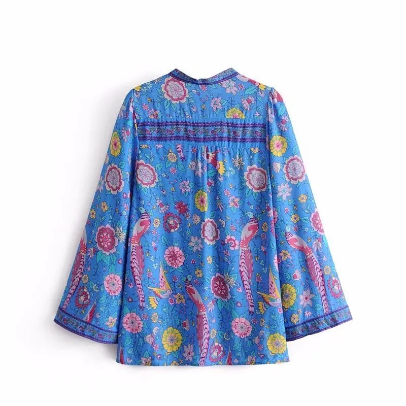 Teelynn Red Boho Blouse With Birds And Floral Print Vinatge O Neck