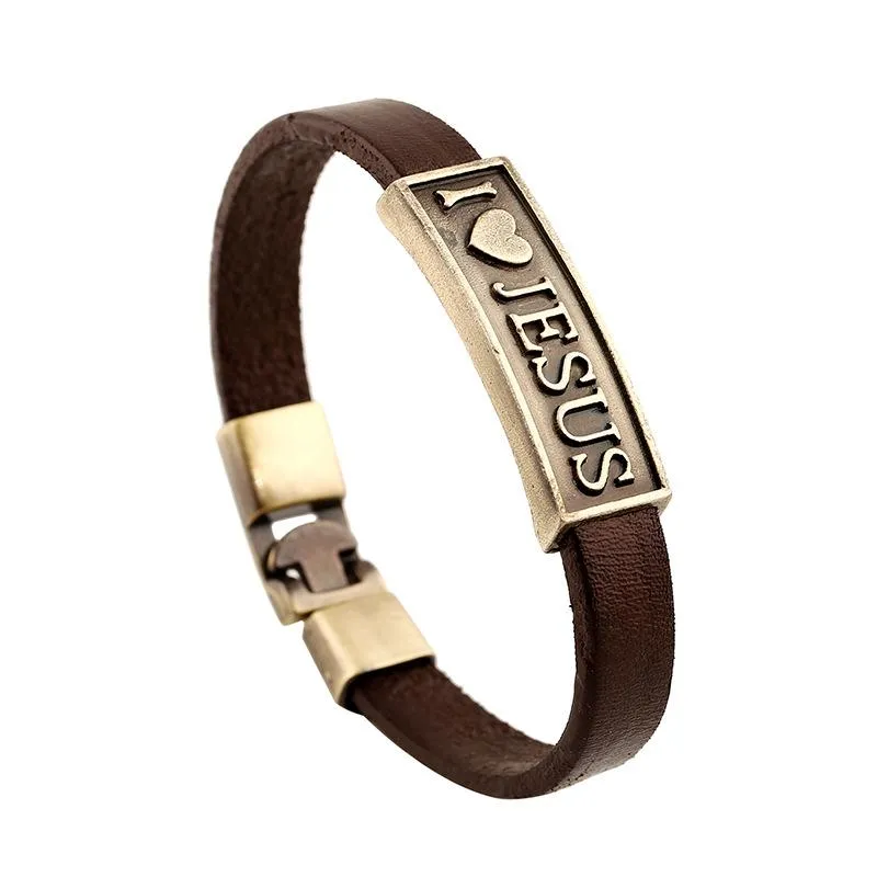 I Love Jesus Bracelet Antique Style Leather Christian Wristband For Men ...