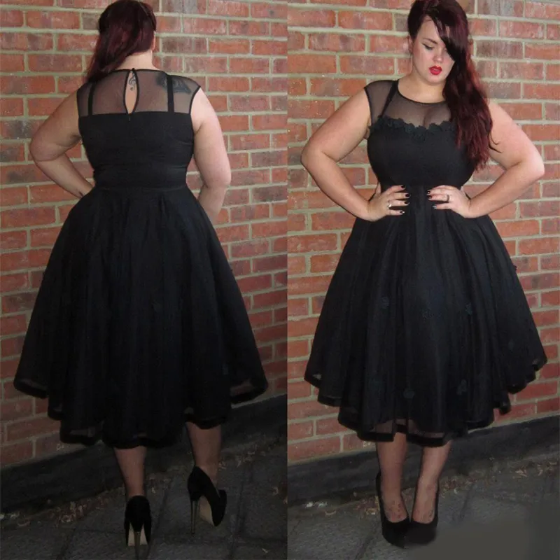 New Black Tea Length Plus Size Prom Dresses Sheer Neckline Cap Sleeve A