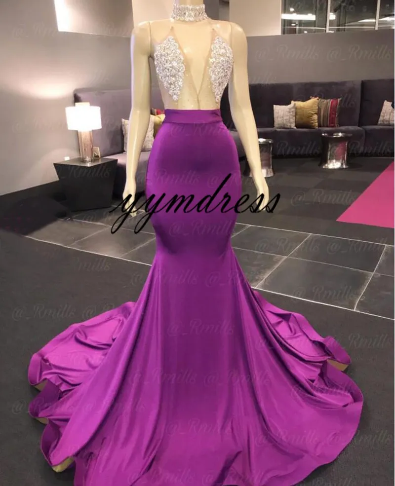 Sexy Purple Mermaid Prom Gowns See Through Lace Applique Evening